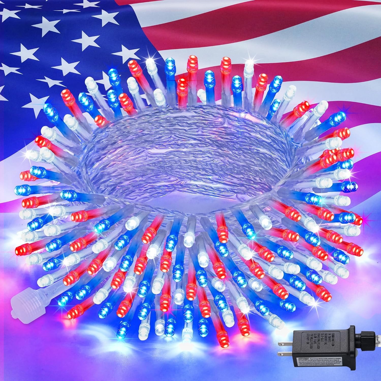 JMEXSUSS Red White Blue String Lights, 66 Ft 200 LED Clear Wire, 4th of ...