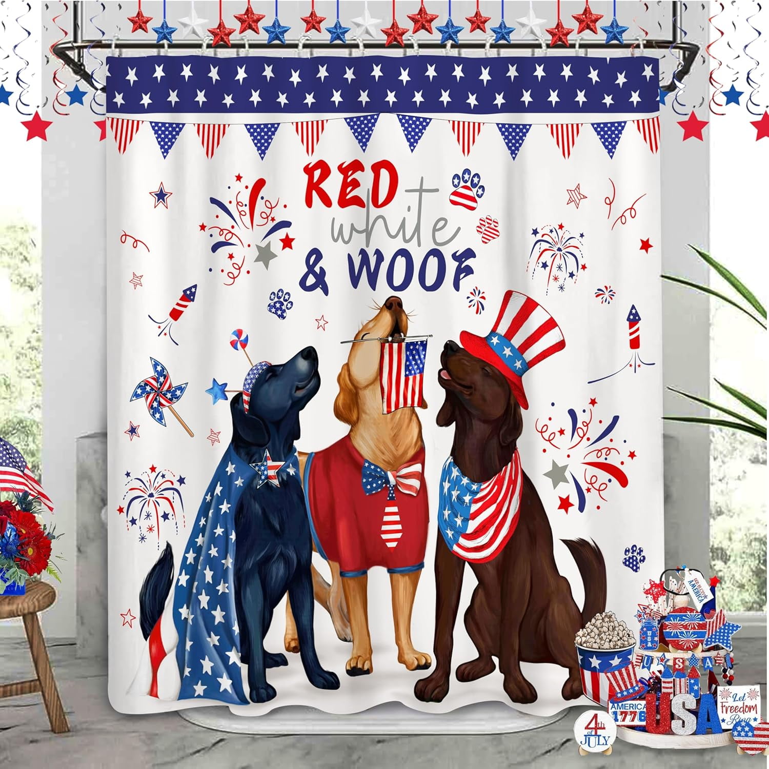 Red White and Blue Patriotic Shower Curtain for Bathroom Decor, Cute ...