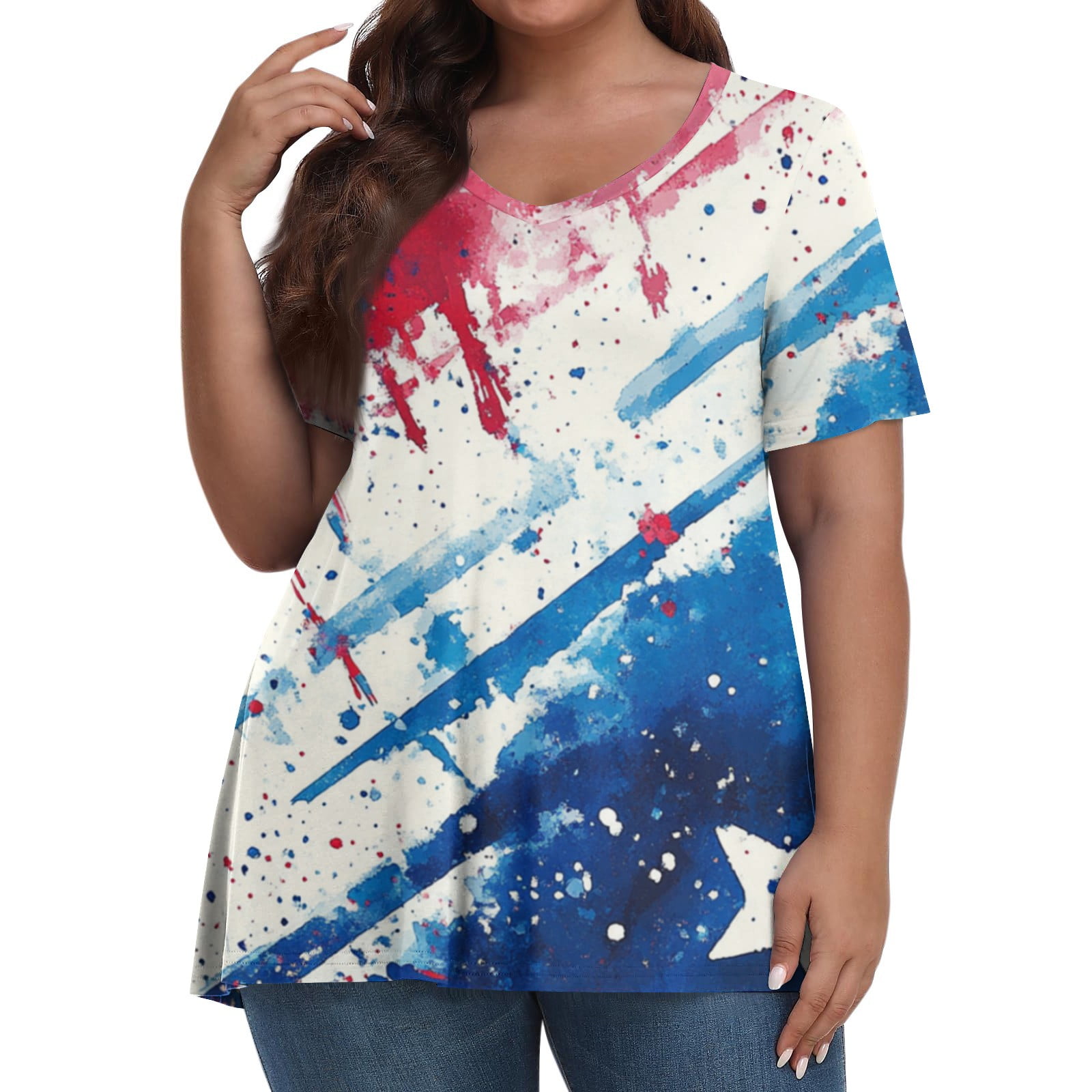 Red White Blue Shirts for Women Usa Flag Plus Size Blouse Short Sleeve ...