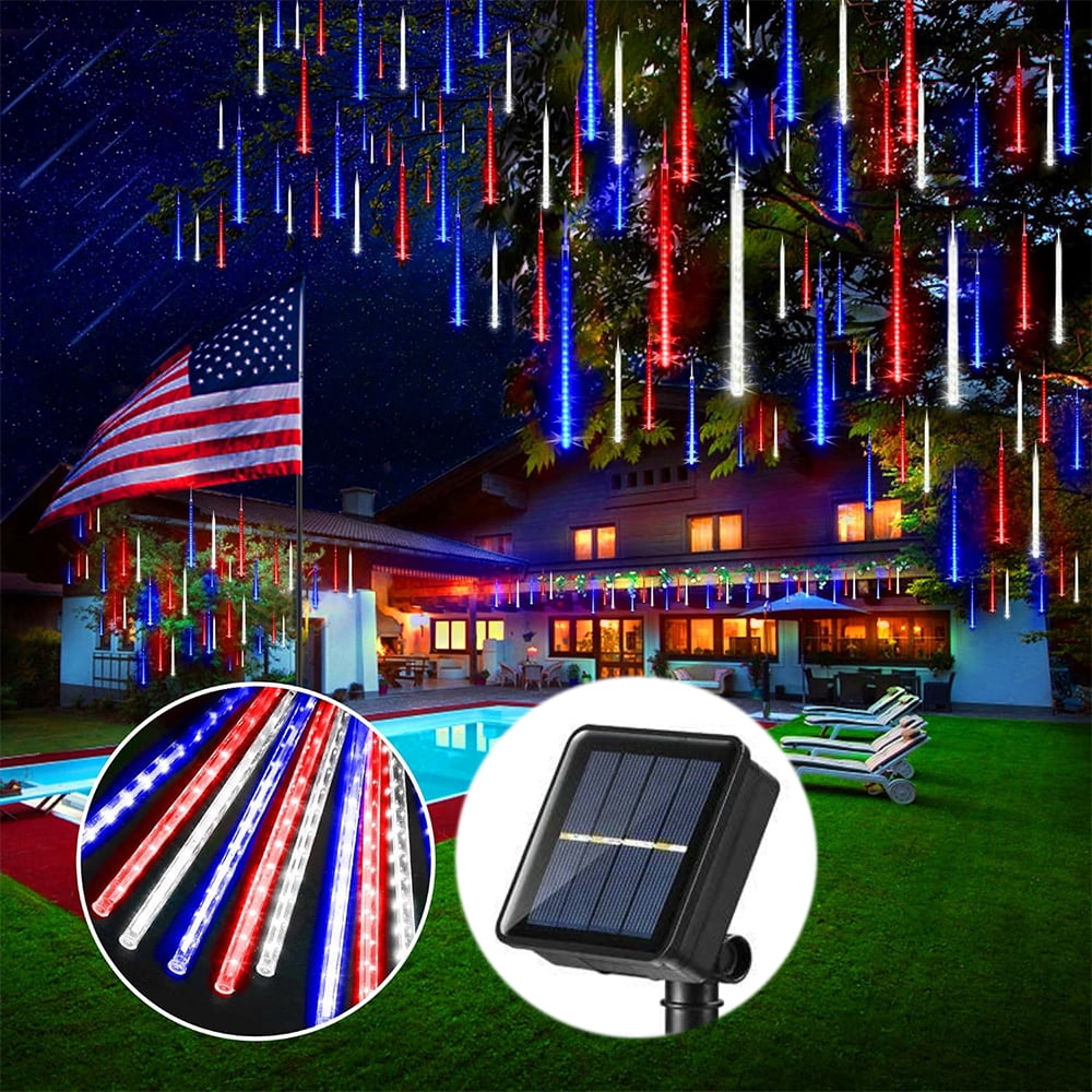 Red White and Blue Solar Meteor Shower Lights Outdoor Waterproof, 4th ...