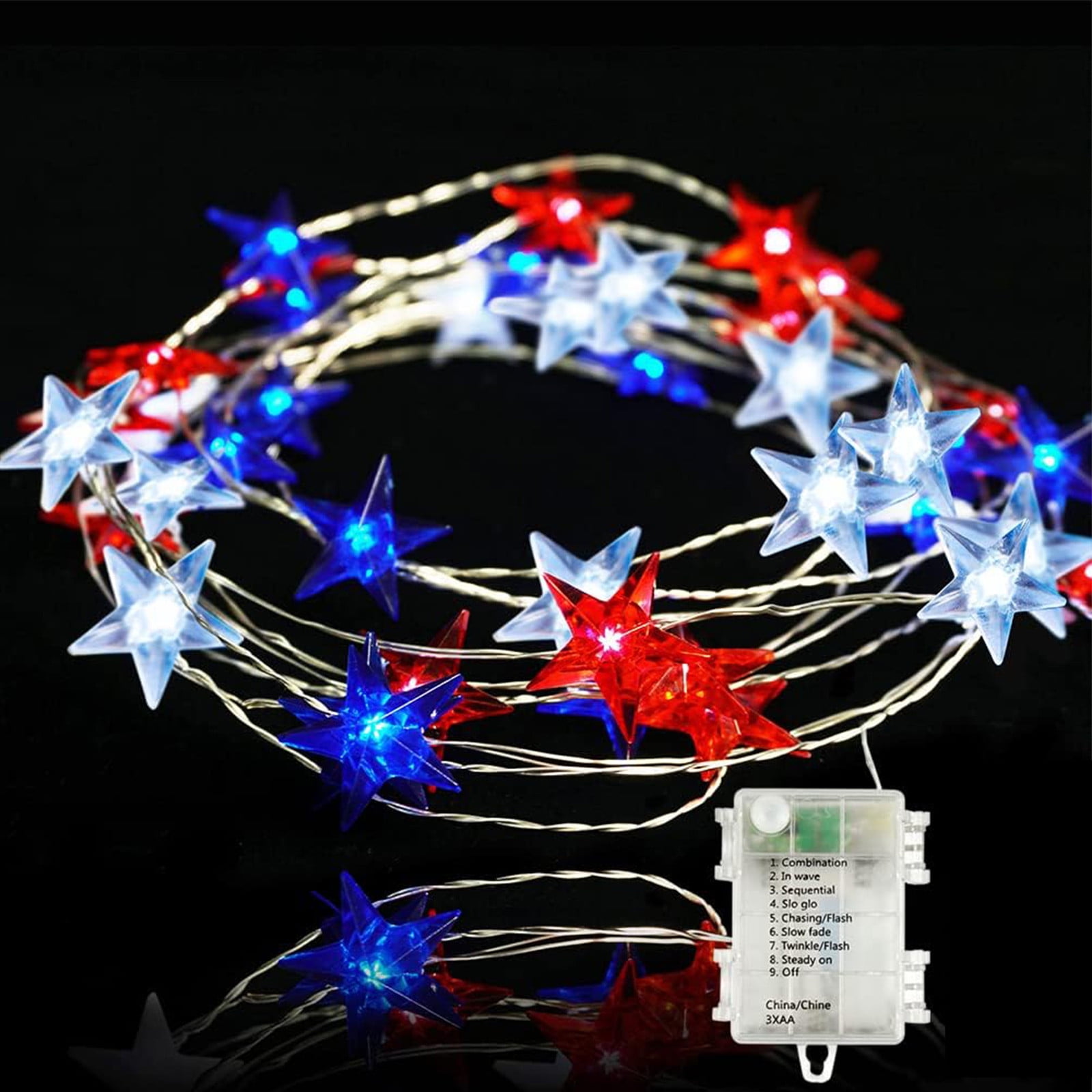 Red White and Blue Star Lights Battery Operated, 10Ft Patriotic Fairy ...