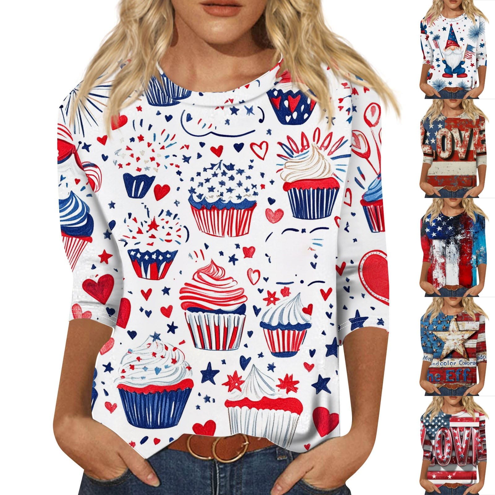 Red White Blue Star Shirt Women Fourth of July 3/4 Length Sleeve Casual ...
