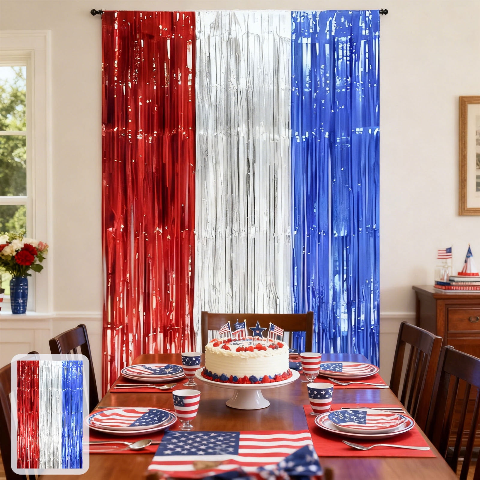 Red White and Blue Tinsel Foil Fringe Curtains,4th of July Decorations ...