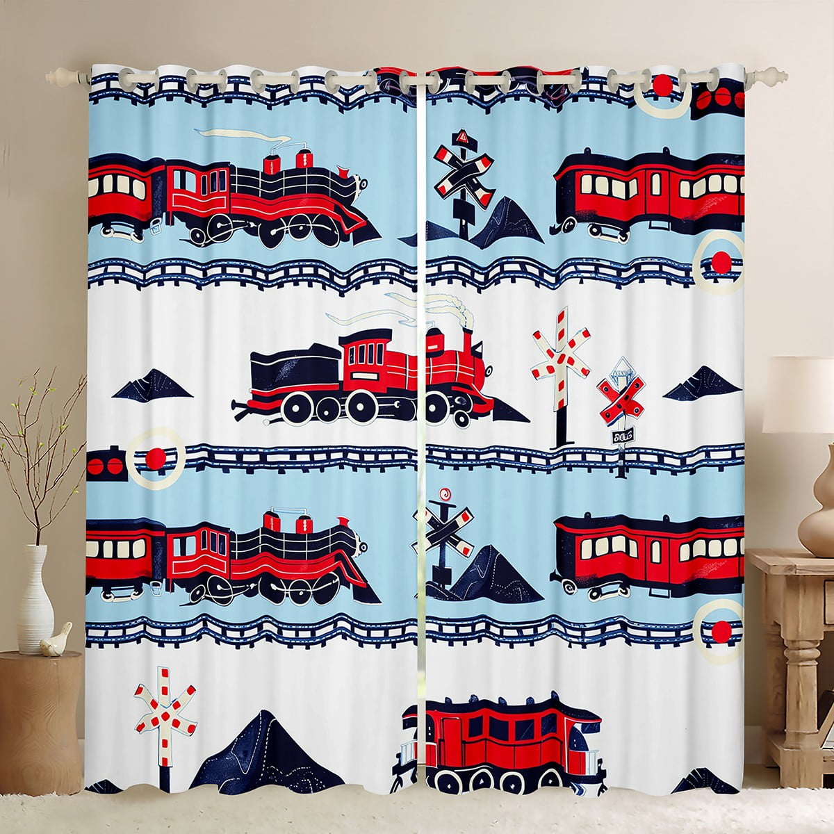 Red White And Blue Train Curtains & Drapes Cartoon Train Railroad ...
