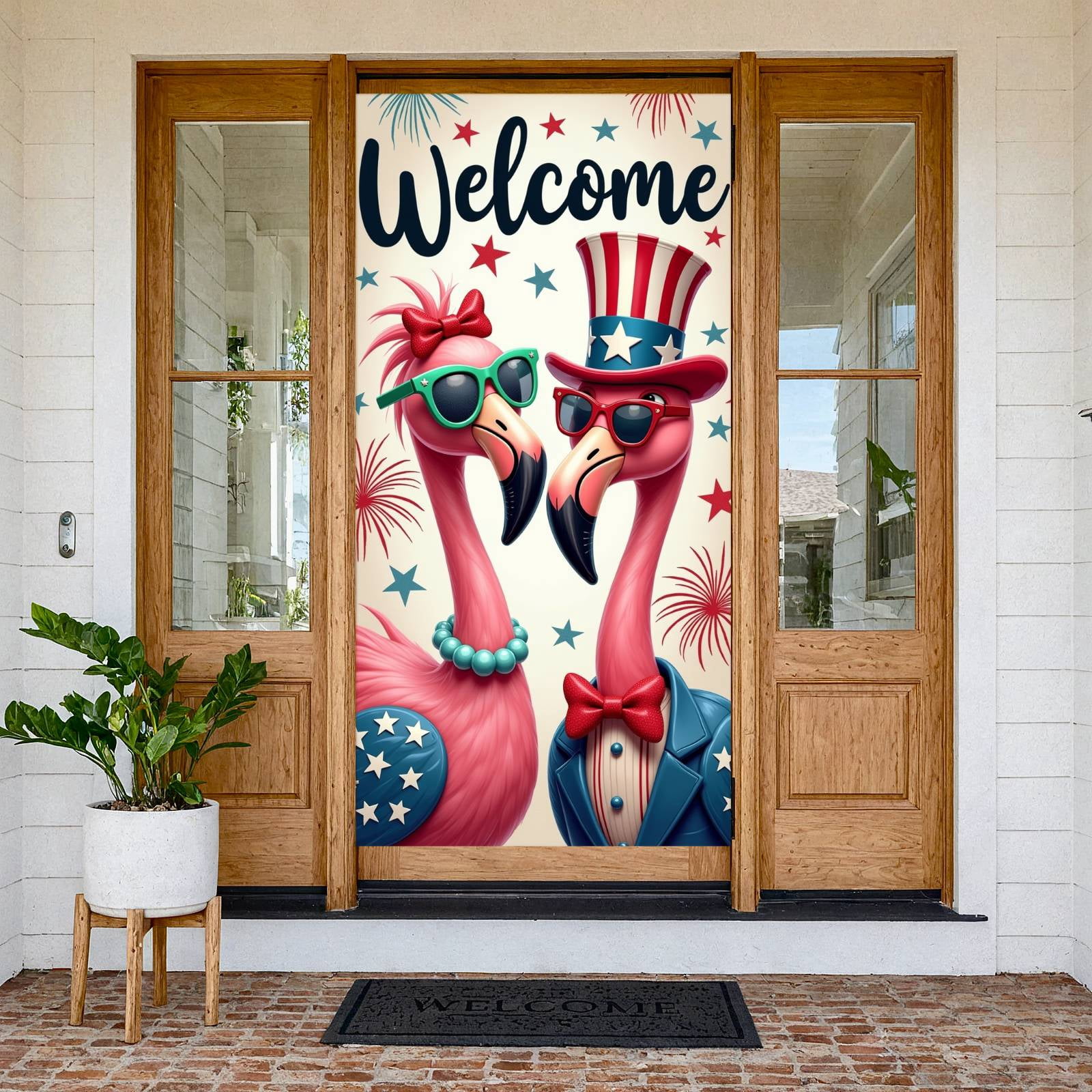 Red White Blue Welcome Banner Flamingo Theme Patriotic Backdrop Star ...