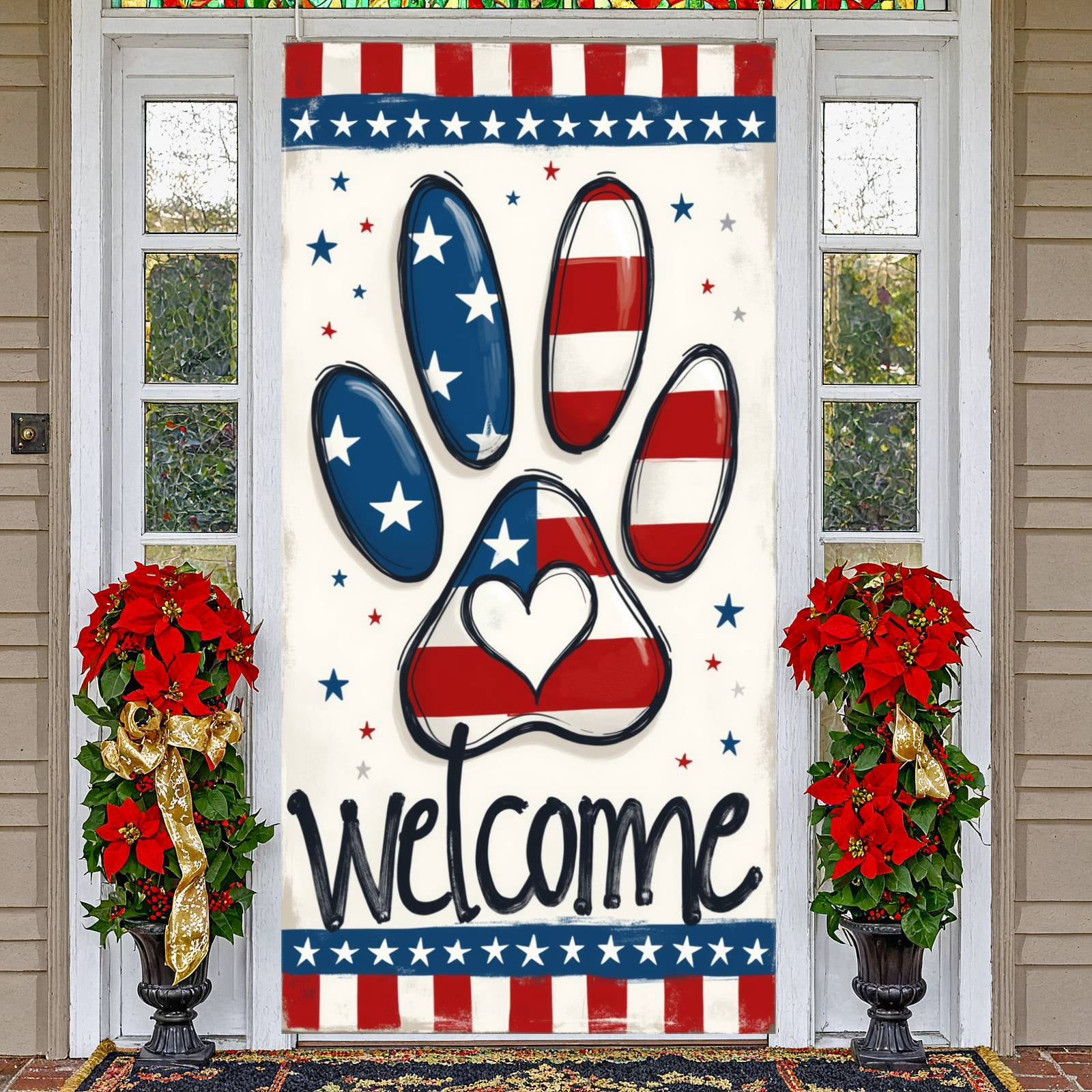 Red White Blue Welcome Banner Patriotic Paw Print Backdrop Heart Accent ...