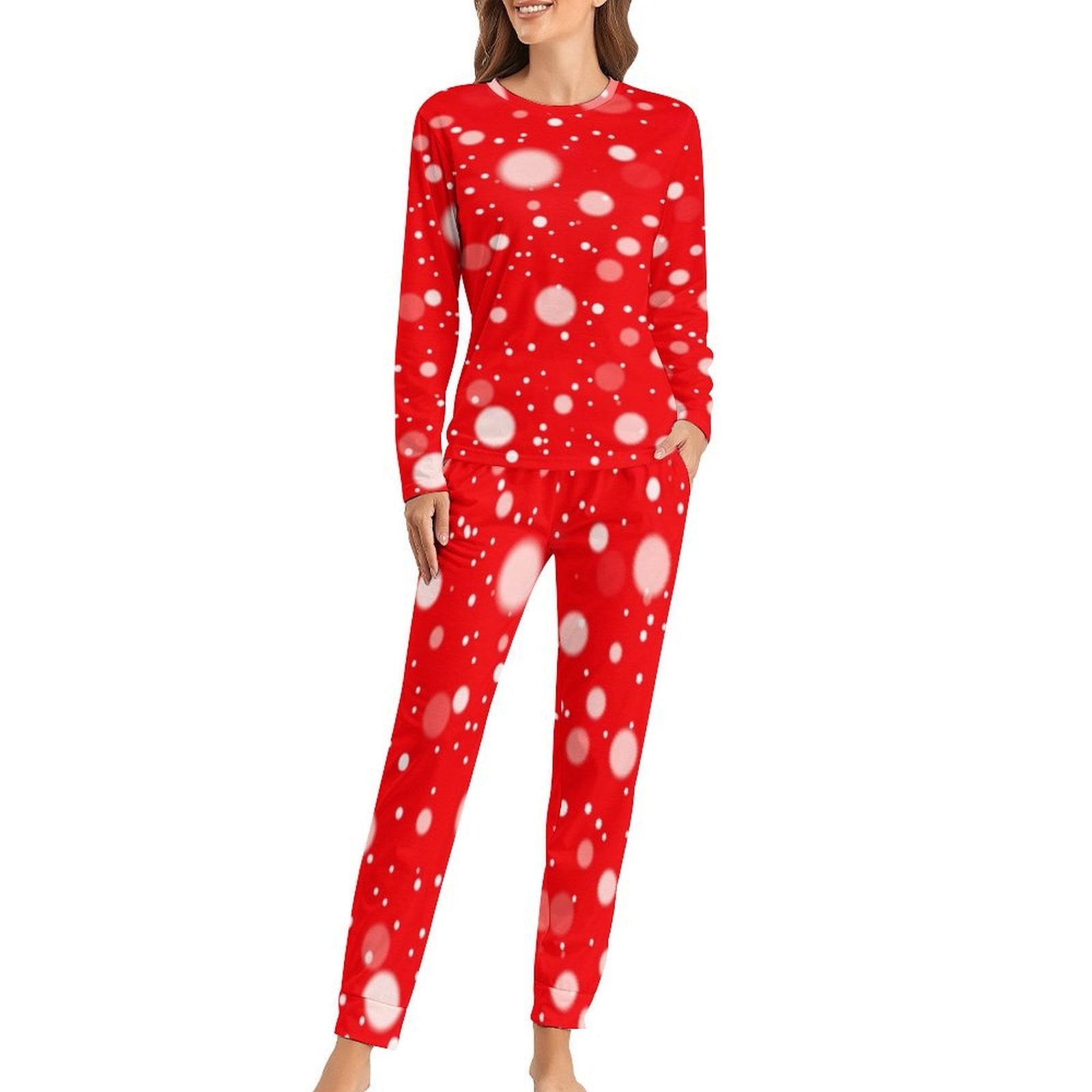 Red White Bokeh Background Pajamas Woman Two Piece Design Long Sleeves ...