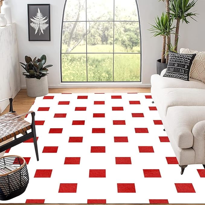 Red White Boxes Geometric Modern Area Rug Washable Soft Carpet For ...