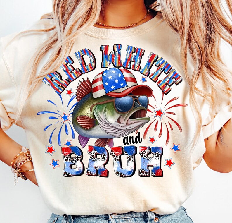 Red White Bruh Fishing Tee – Funny Patriotic Bass Fishing Shirt with ...