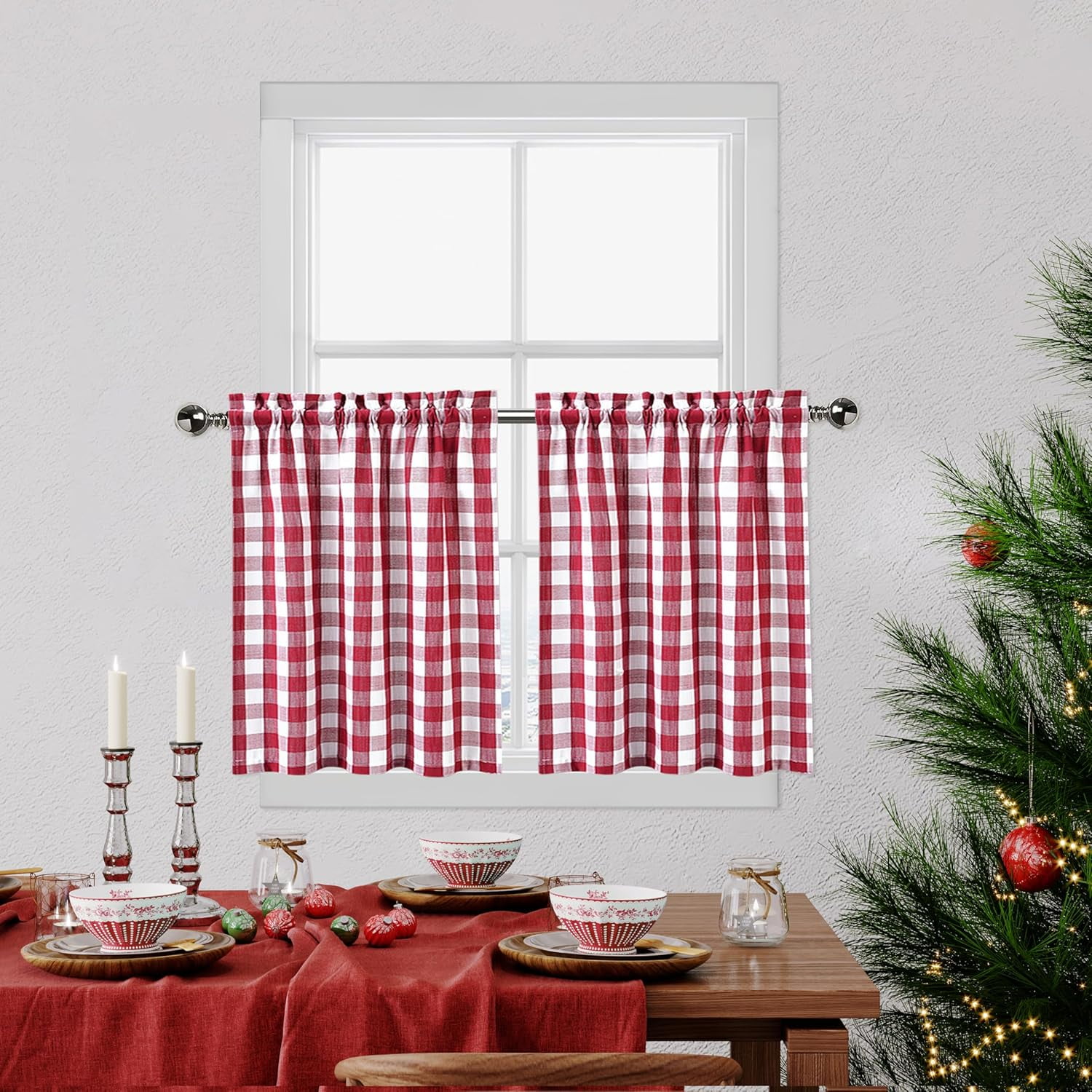 Red White Cafe Kitchen Curtains 45 Inches Length,Burgundy Buffalo Check ...