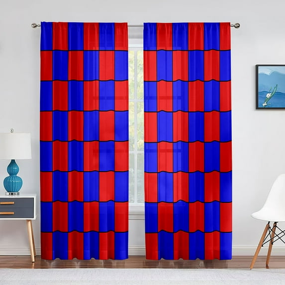 Red White Checker Pattern Sheer Window Curtains Bedroom Modern Chiffon ...