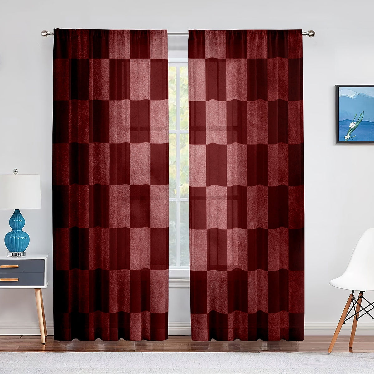 Red White Checker Pattern Sheer Window Curtains Bedroom Modern Chiffon ...