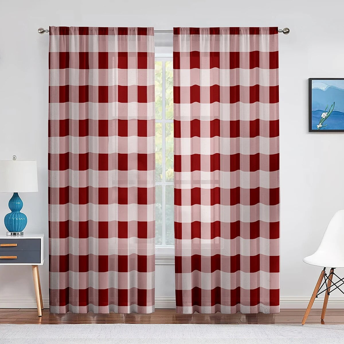 Red White Checker Pattern Sheer Window Curtains Bedroom Modern Chiffon ...