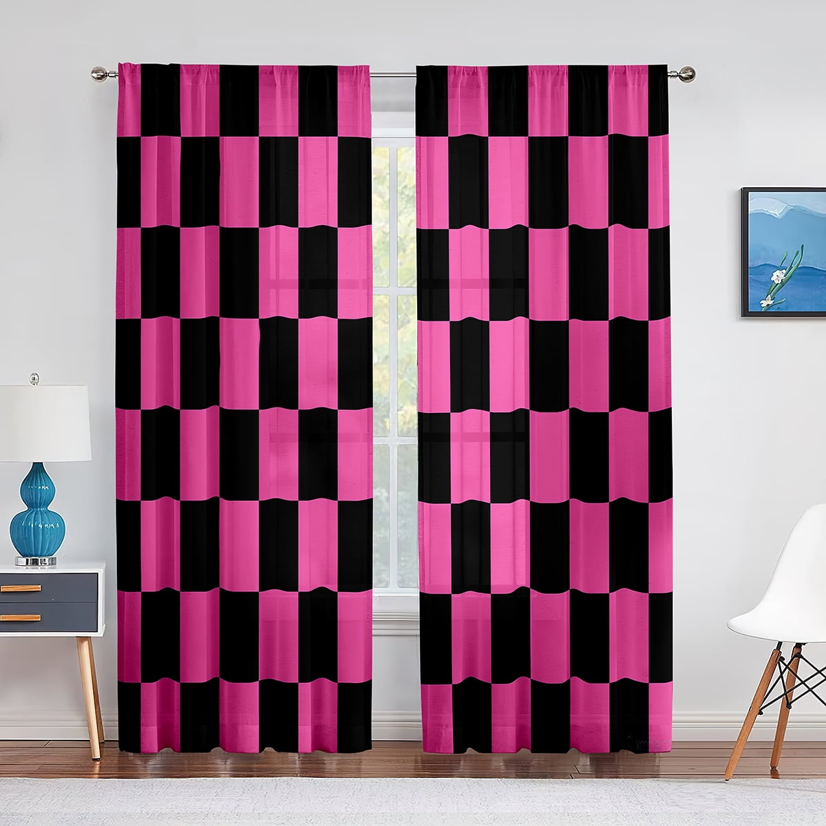 Red White Checker Pattern Sheer Window Curtains Bedroom Modern Chiffon ...