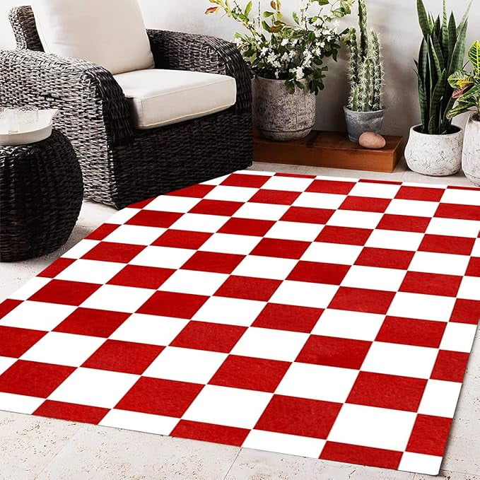 Red White Checkered Area Rug For Living Room Bedroom Playroom Soft ...