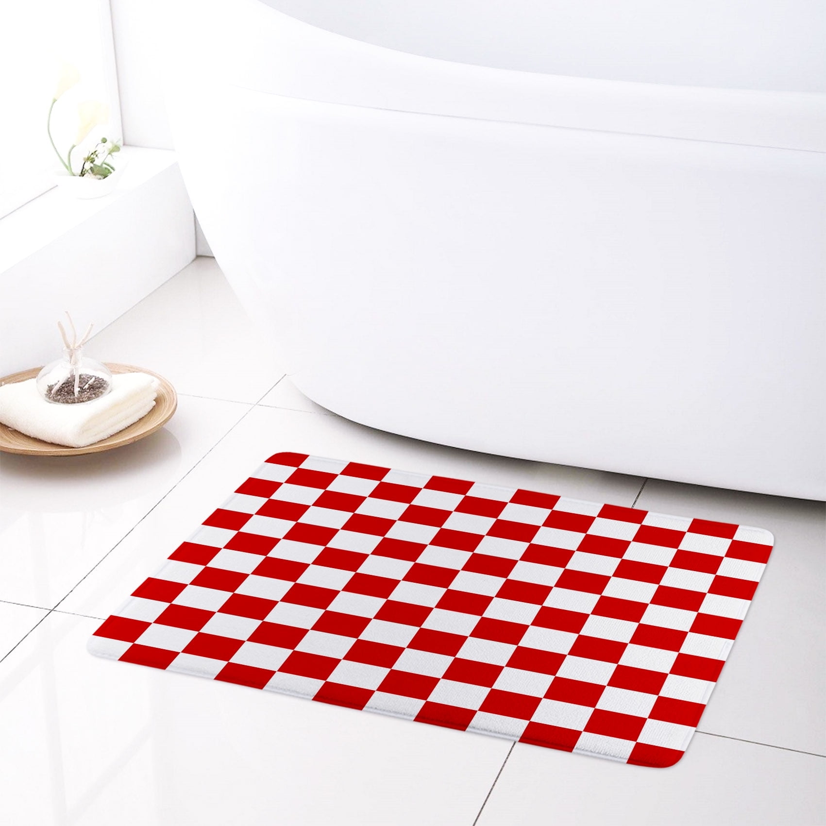 Red and White Checkered Bathroom Mat, Red Modern Simple Design Soft ...