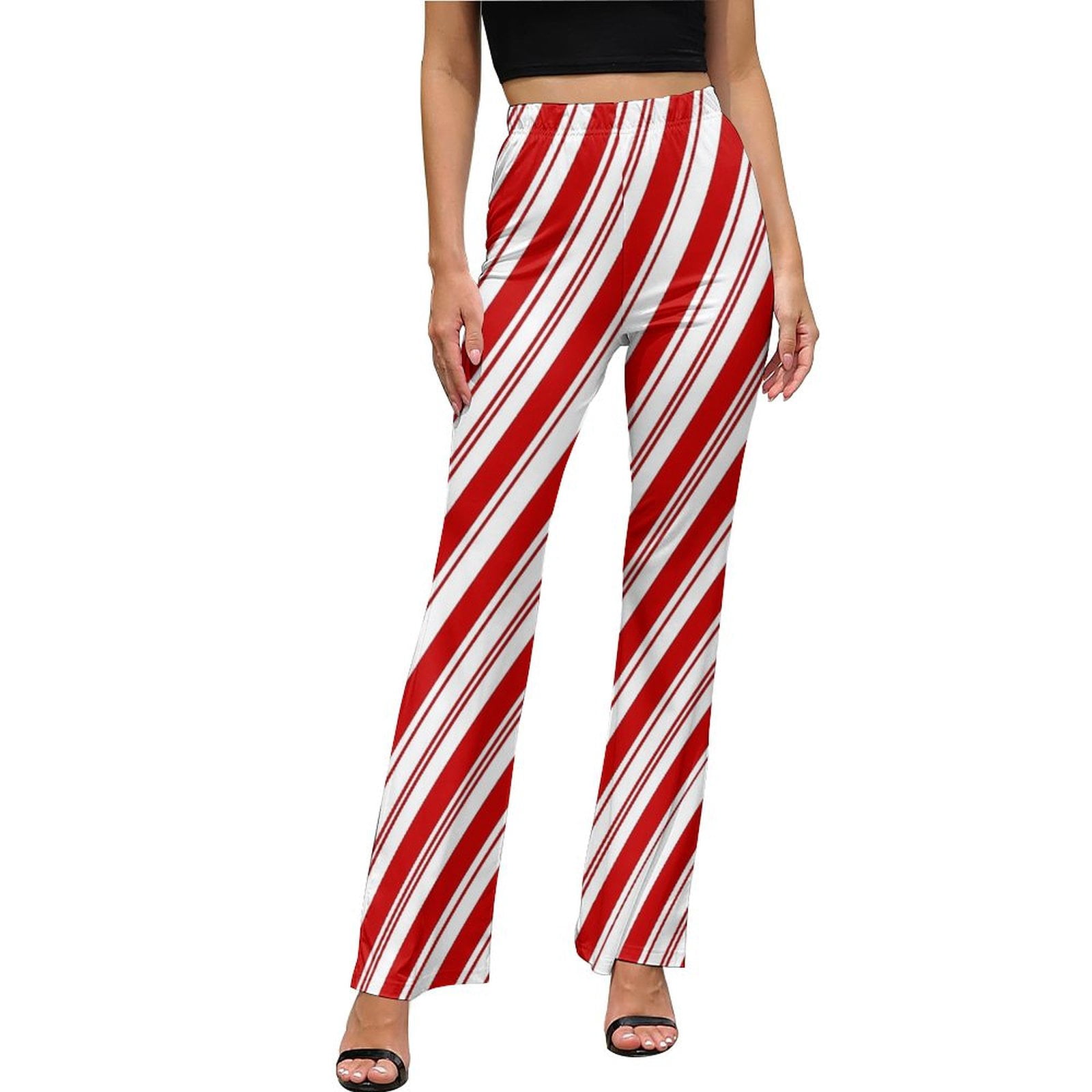 Red White Christmas Candy Cane High Waisted Casual Flared Trousers ...