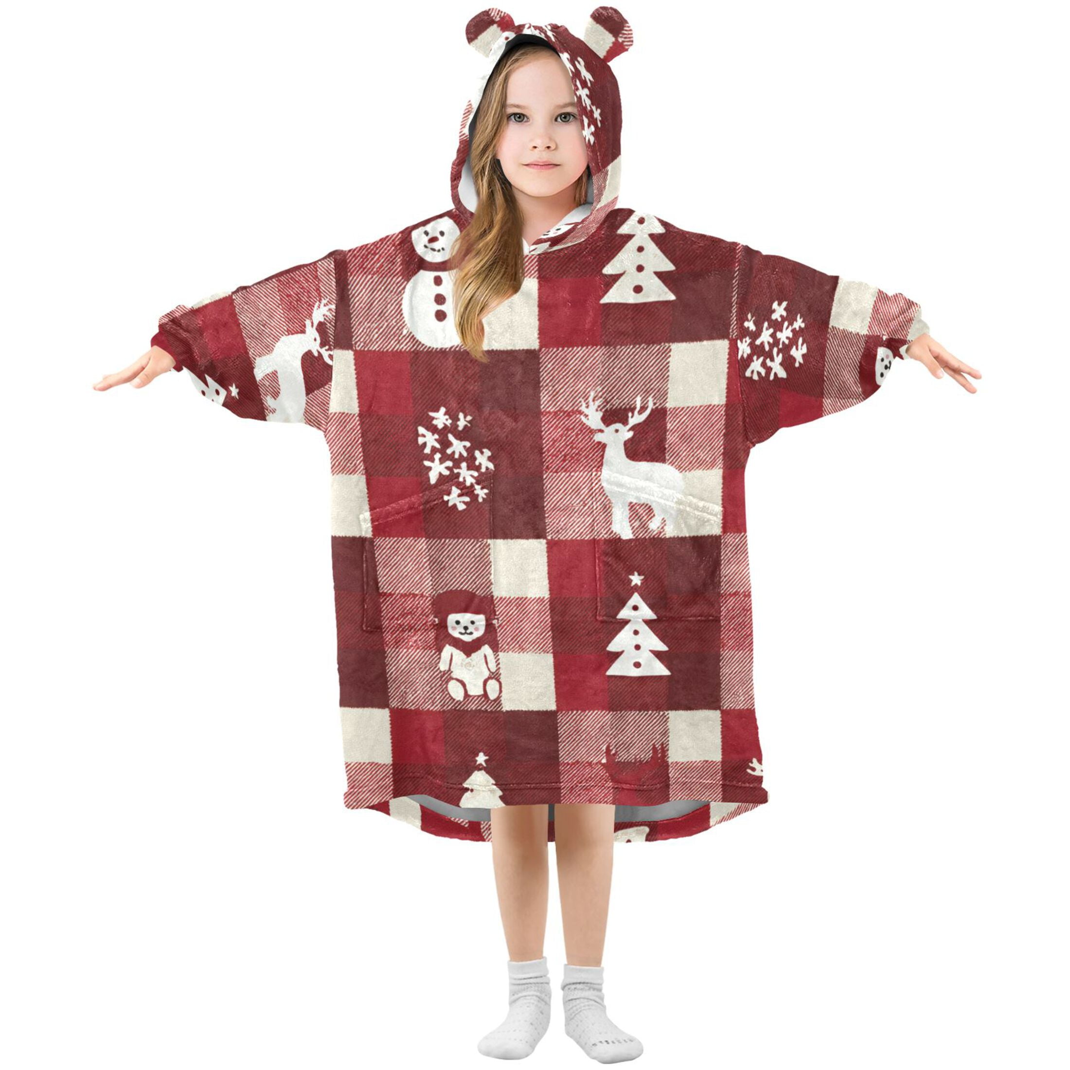 Red White Christmas Plaid Cute Cartoon Pattern Flannel Wearable ...