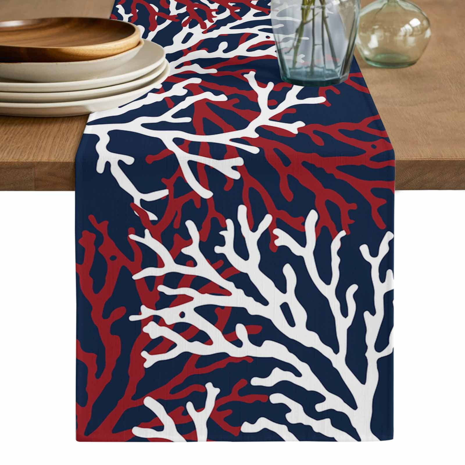 Red White Coral Table Runner, Summer Ocean Nautical Coastal Navy Blue ...