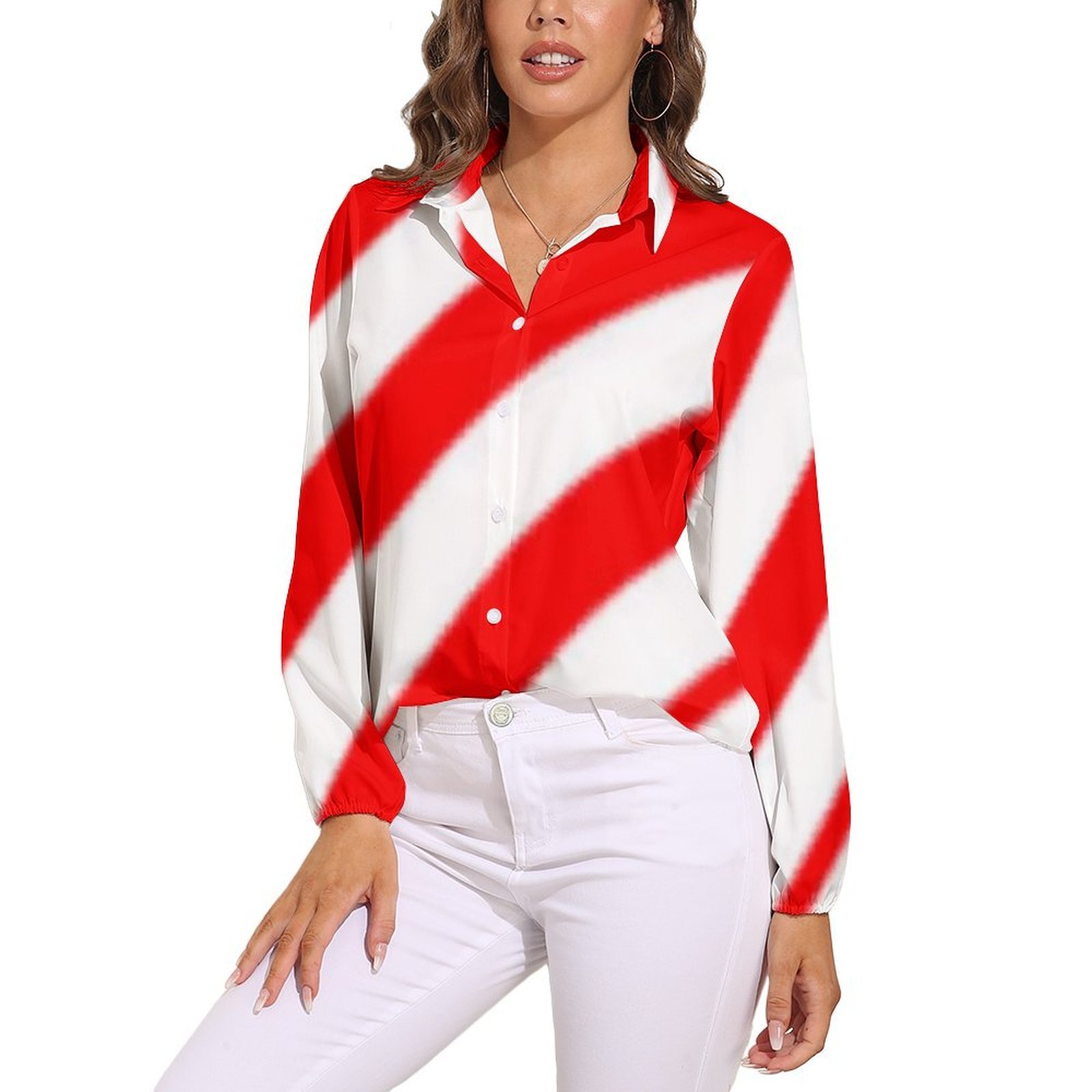 Red White Diagonal Stripes 2 Vntage Casual Long Sleeve Shirt Blouse ...