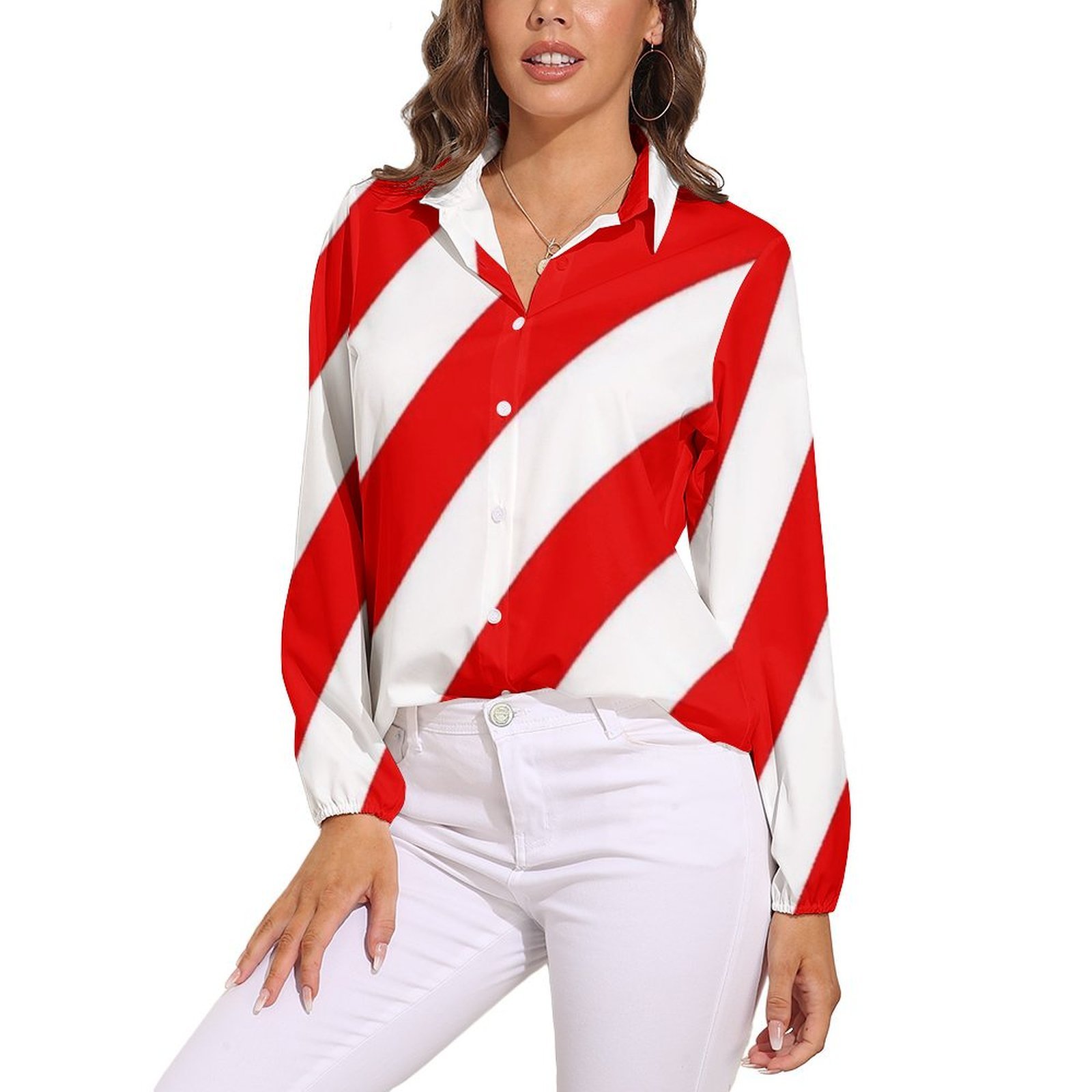 Red White Diagonal Stripes Vntage Casual Long Sleeve Shirt Blouse Woman ...