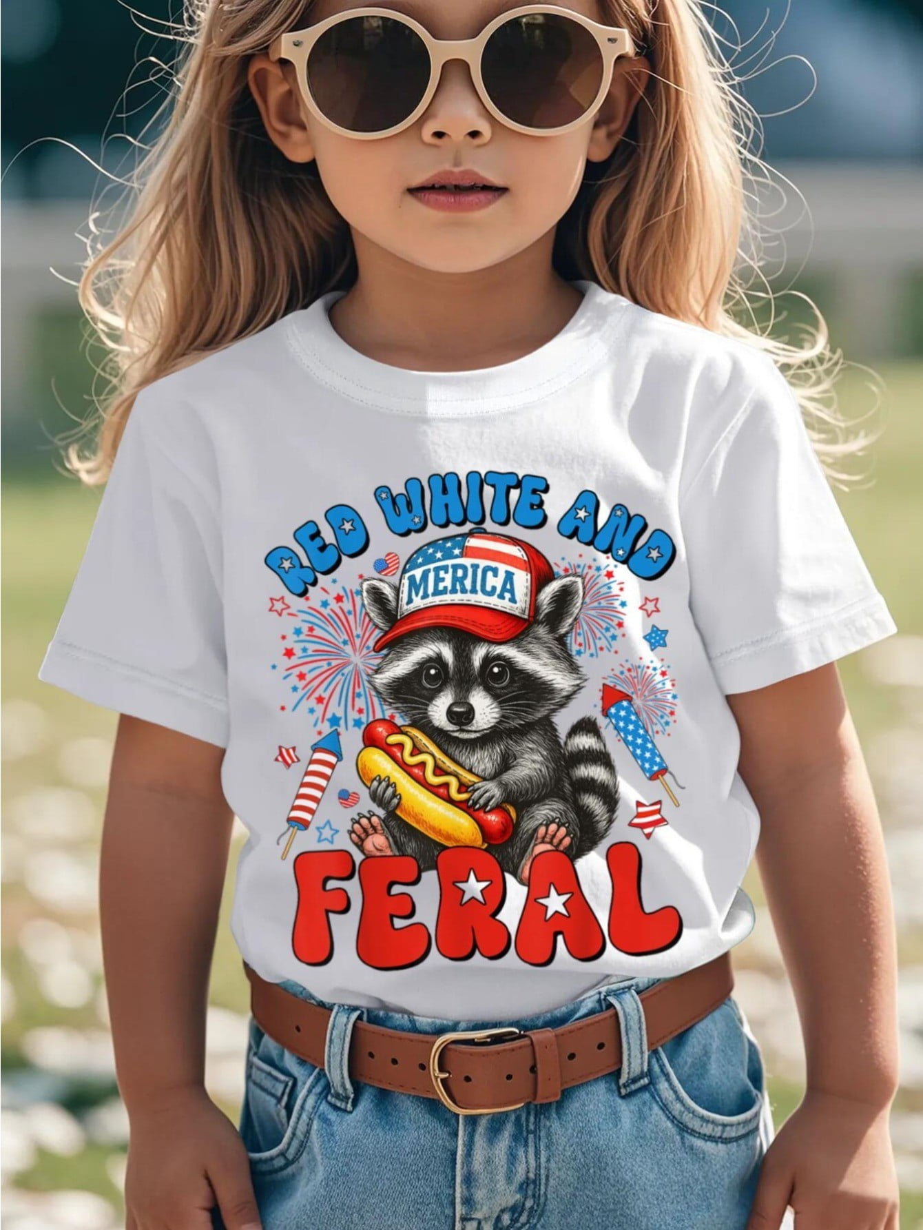 Red White and Feral Funny Raccoon USA 4th Of July Kids Novelty ...