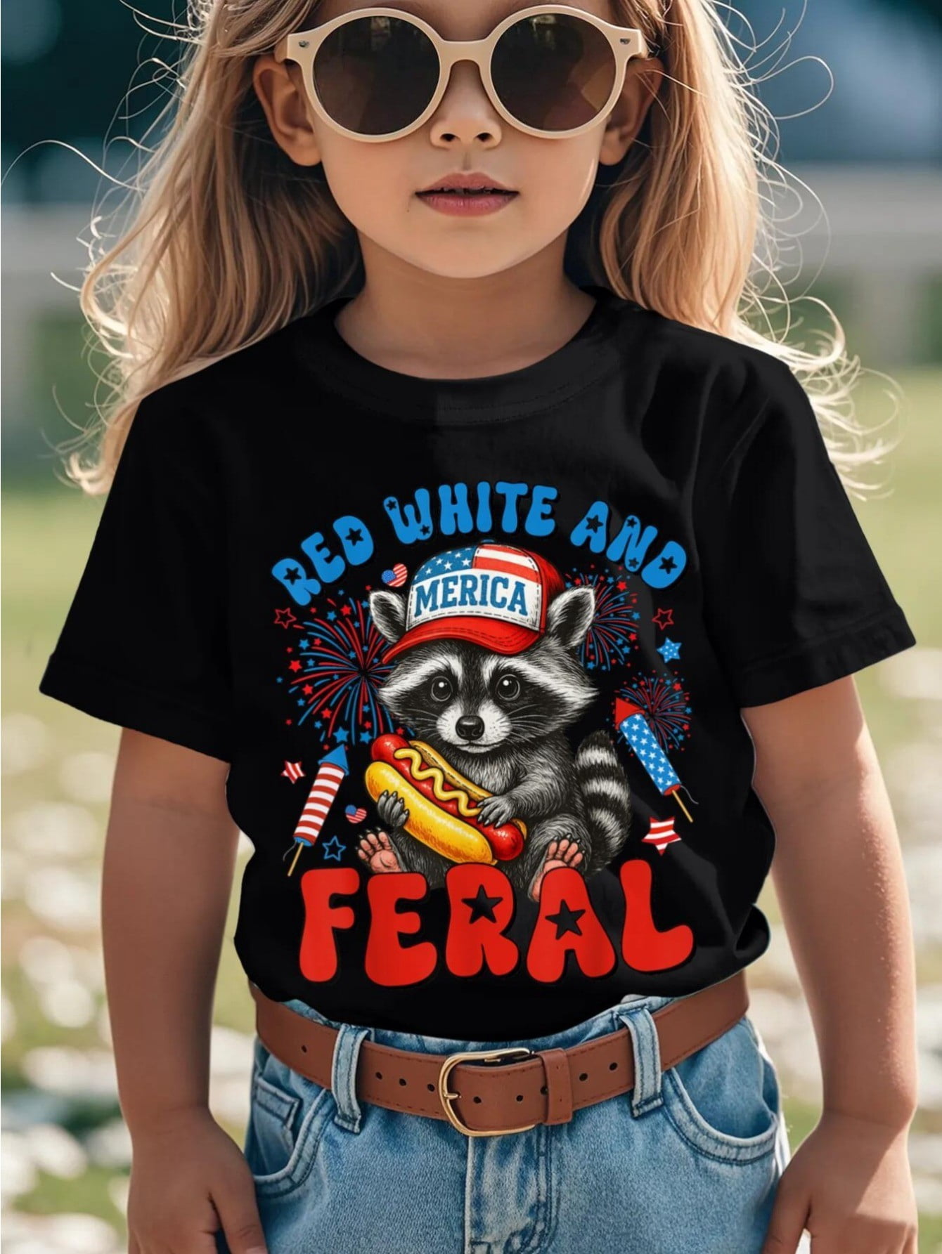 Red White and Feral Funny Raccoon USA 4th Of July Kids Novelty ...