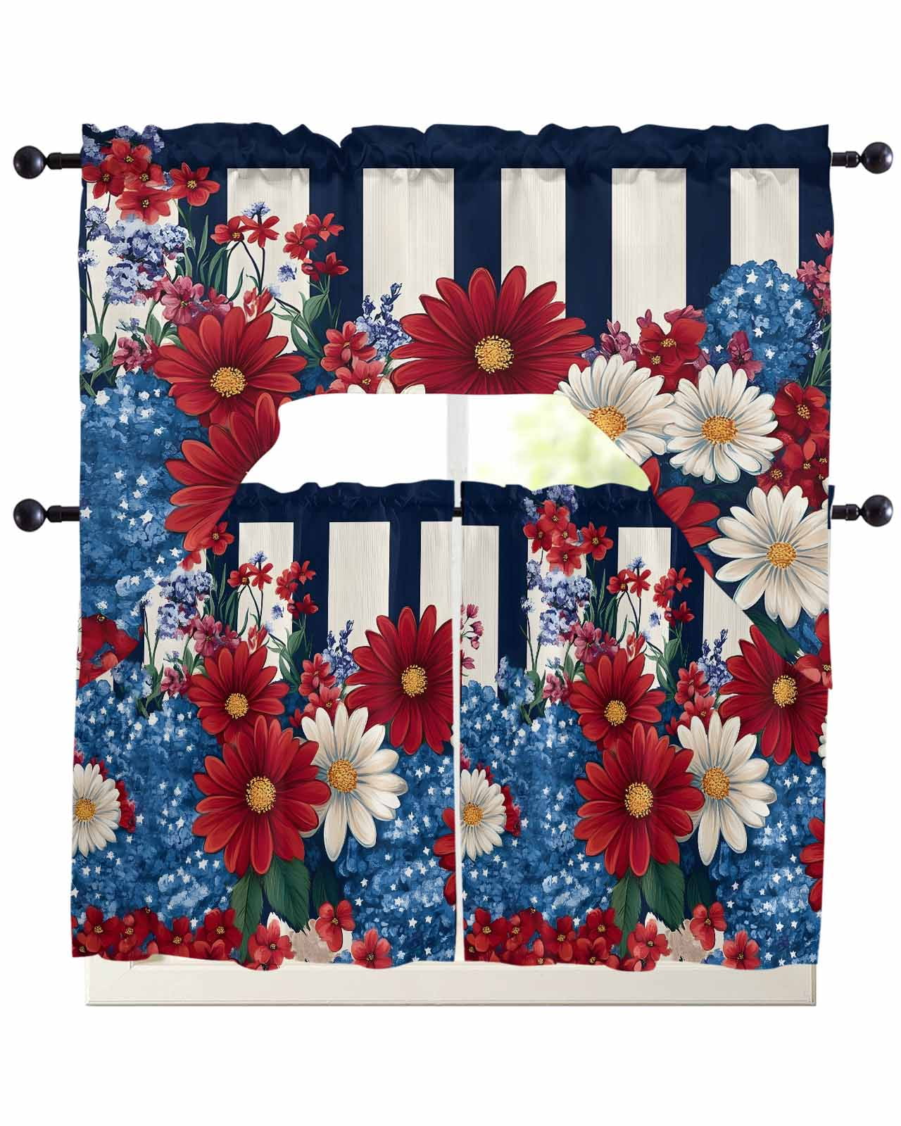 Red White Floral Kitchen Curtains Swag Valance and Tier Curtains Set 36 ...