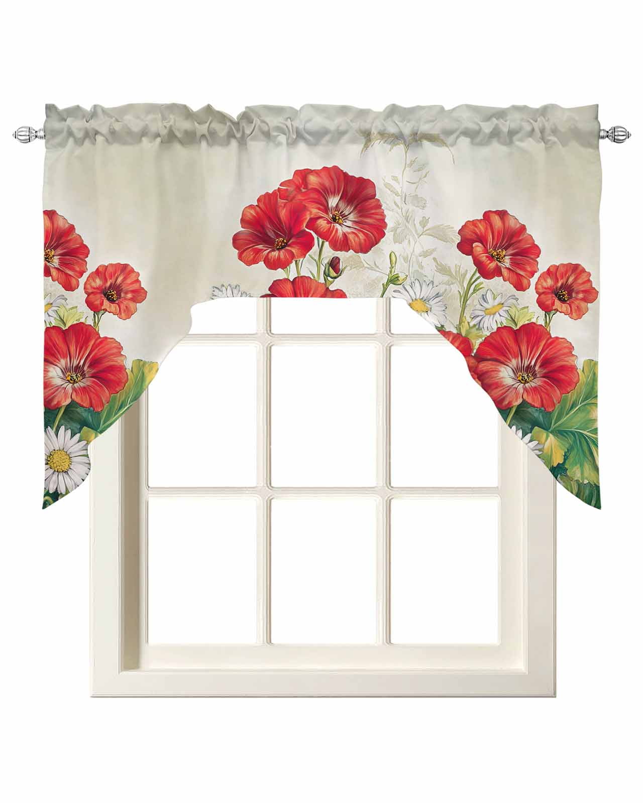 Red White Floral Kitchen Curtains Swag Valance for Windows/Bathroom ...