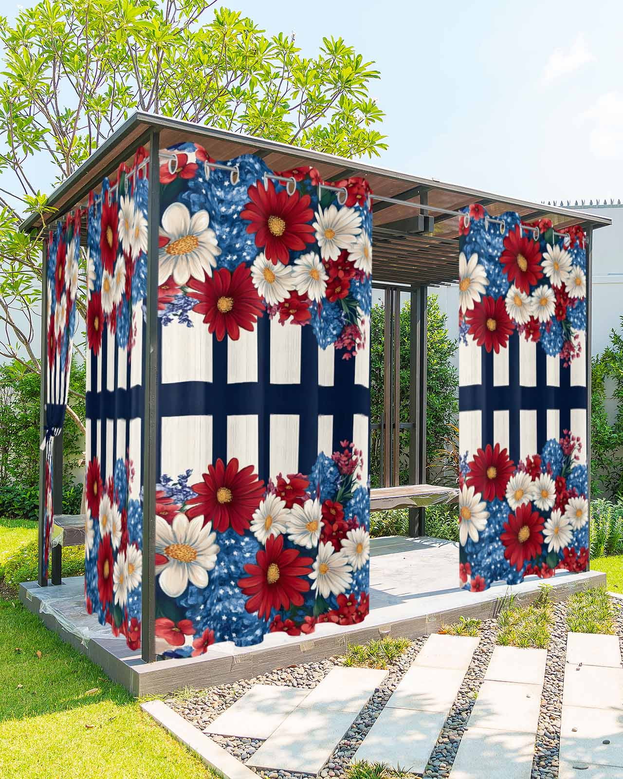 Red White Floral Outdoor Curtains for Patio, Blue Botanical Black ...