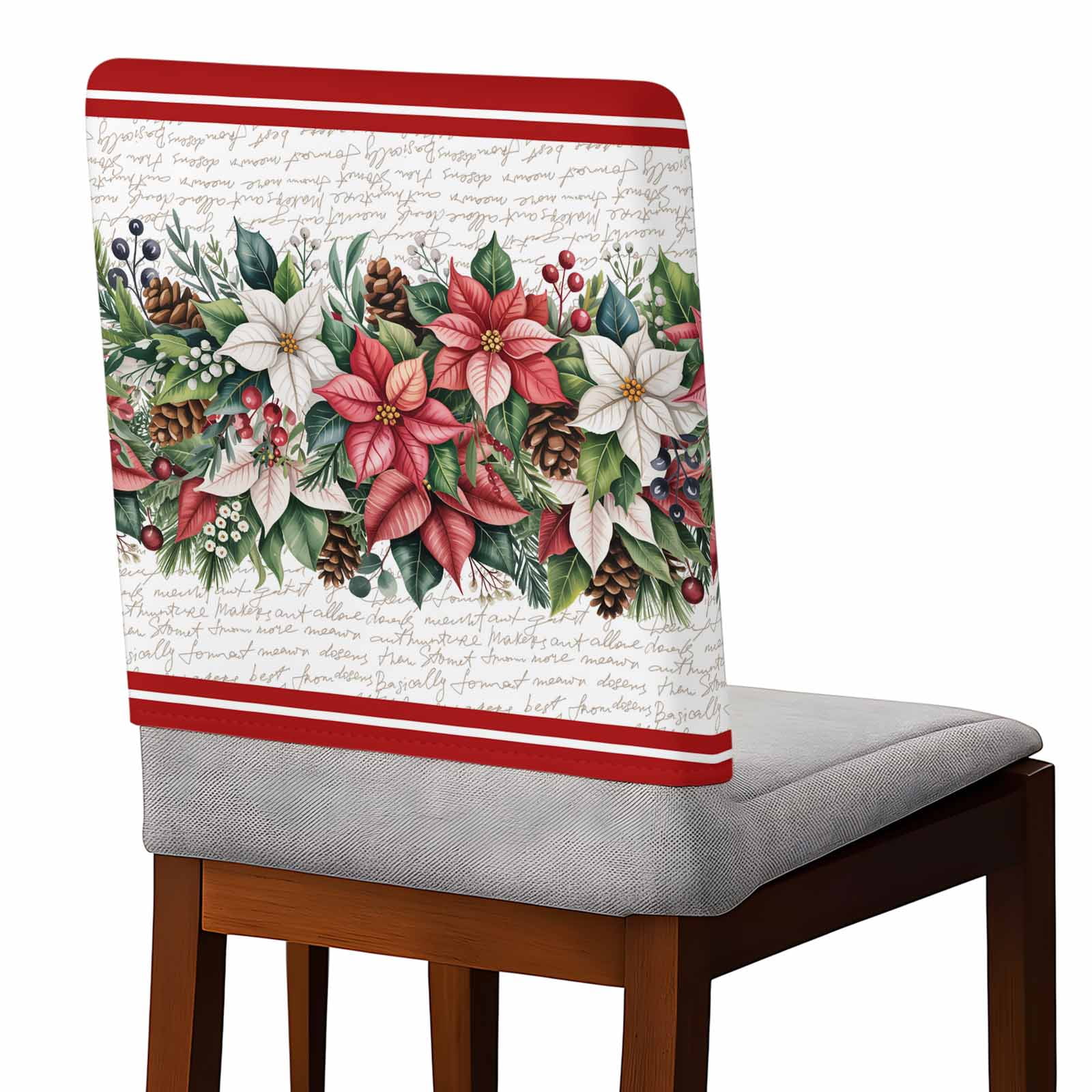 Red White Flowers Chair Covers Set of 1 Holly Leaves Pine Cone Red ...