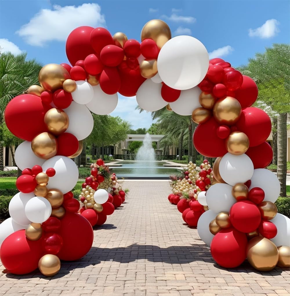 Red White GoldTRDN Balloon Arch Double Stuffed Ruby Red White Metallic Gold Balloon Garland Kit ...