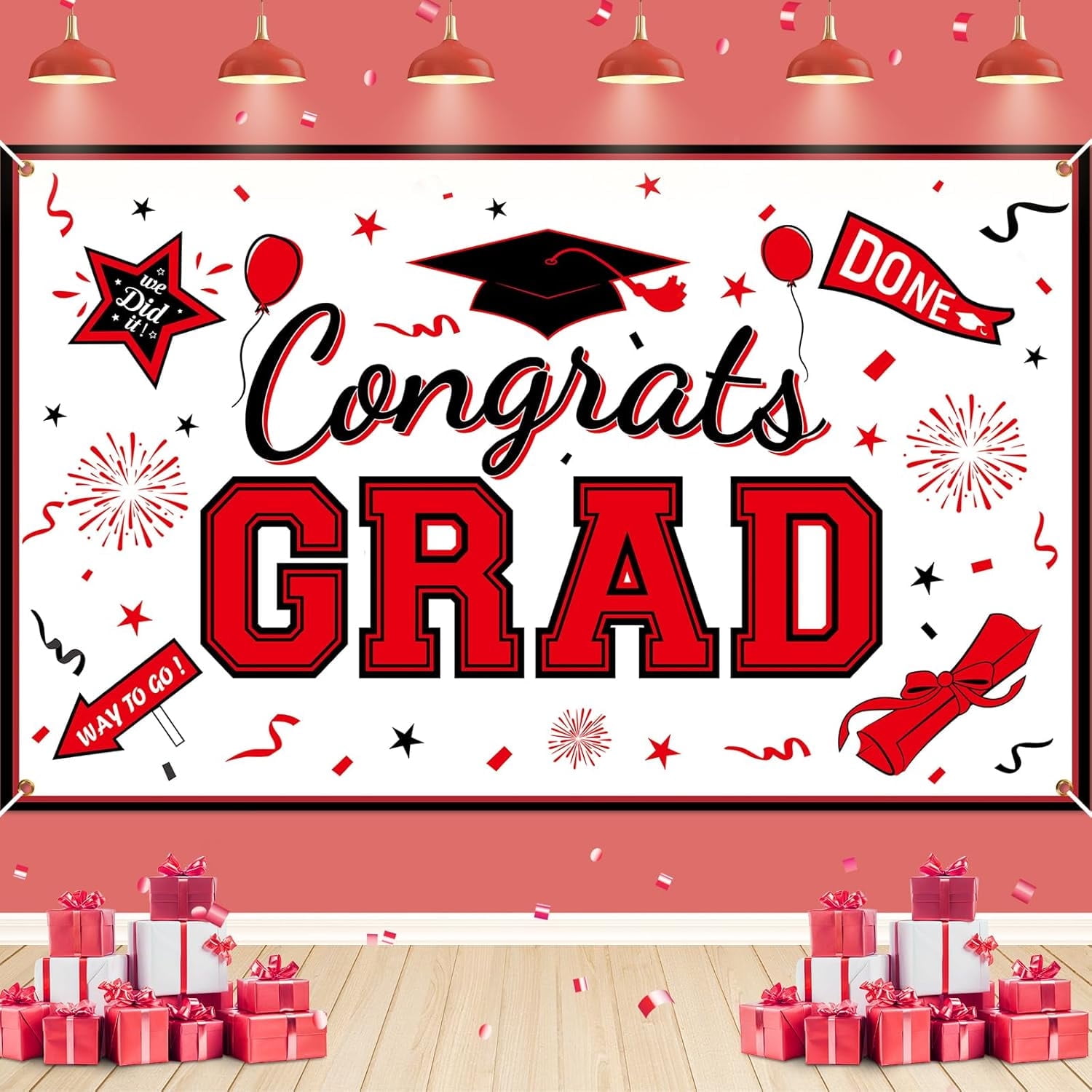 Red White Graduation Banner Decorations Red Black and White Congrats ...