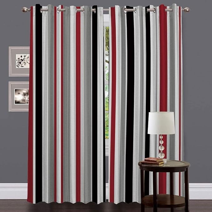 Red White Grey And Black Vertical Stripes Print Curtain, Vintage ...