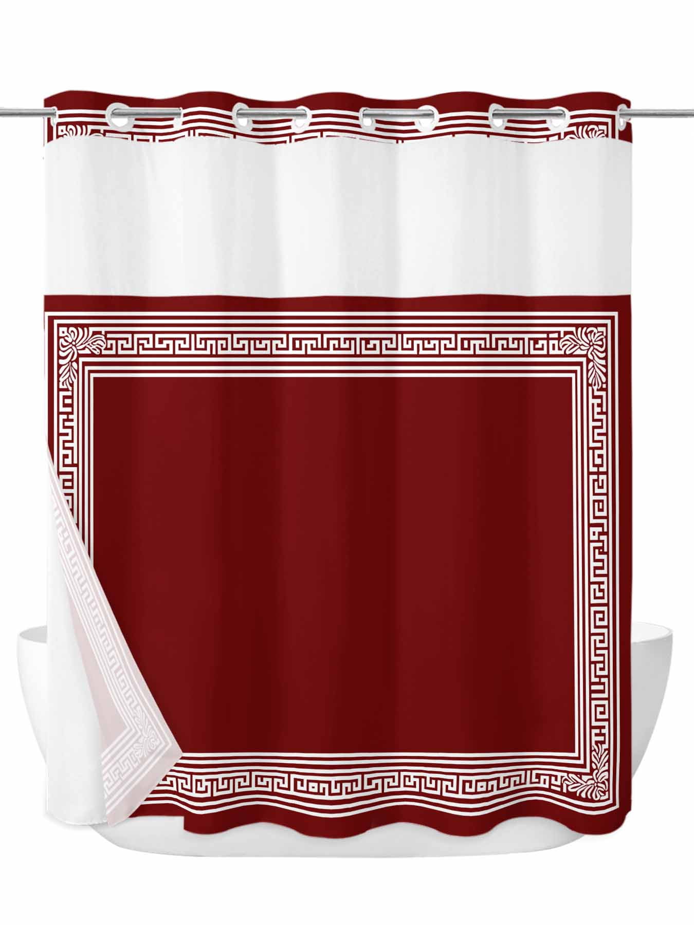Red White No Hook Shower Curtain and Liner Set Geometric Greek Key ...