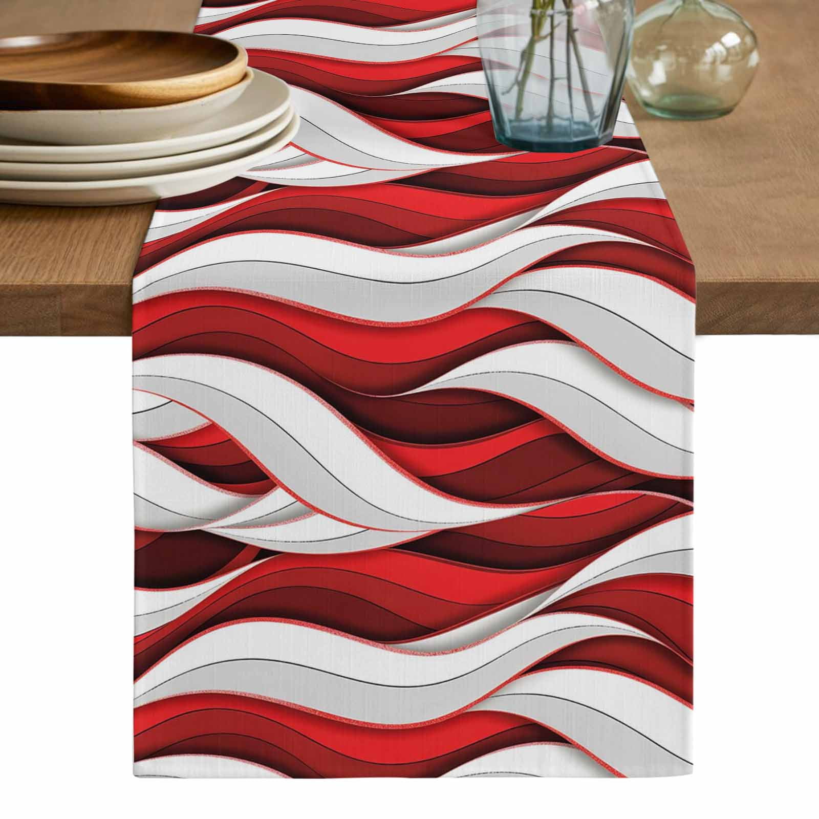 Red White Moire Table Runner, Modern Abstract Art Washable Cotton Linen ...