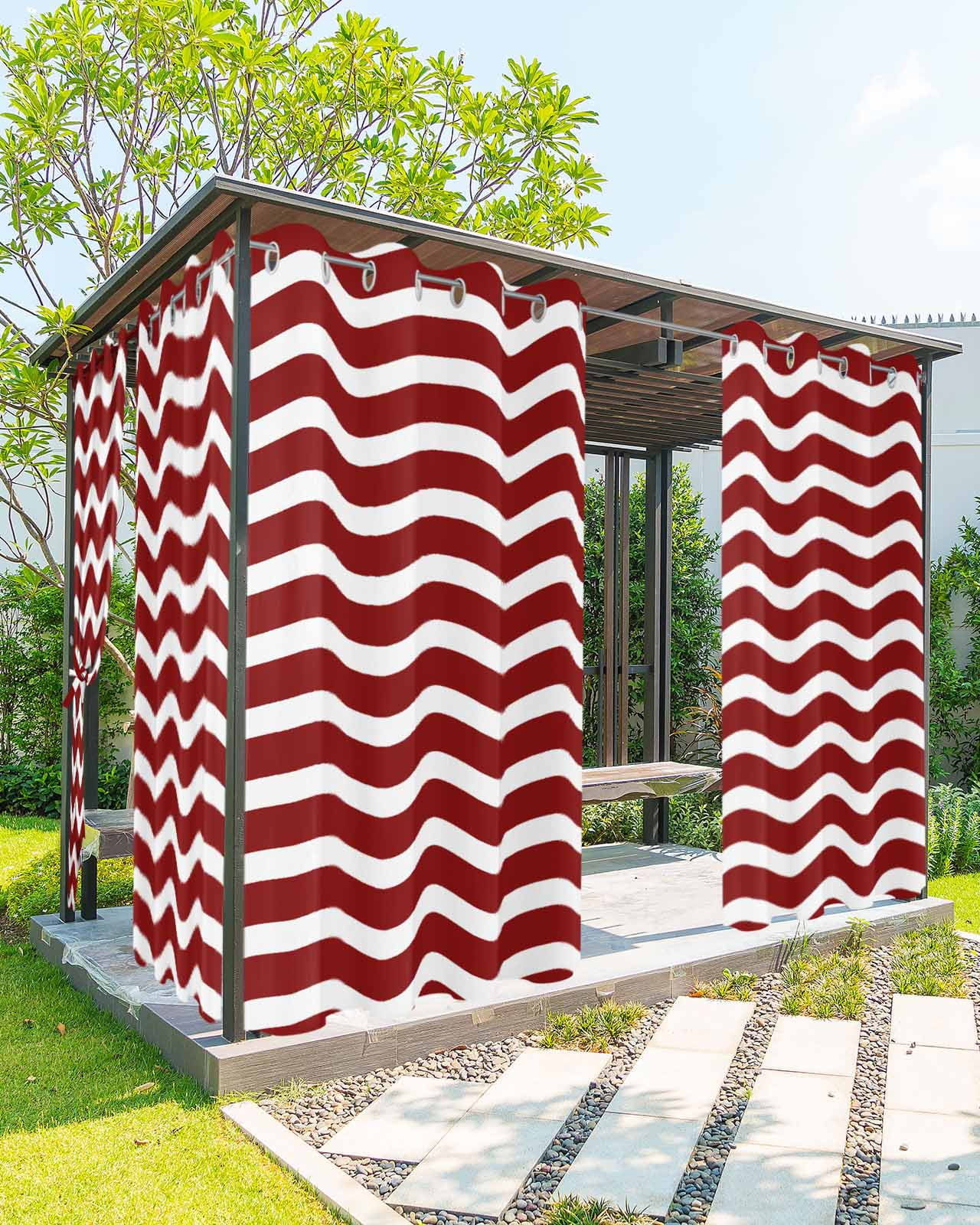 Red White Outdoor Curtains for Patio Waterproof,Modern Abstract Waves ...