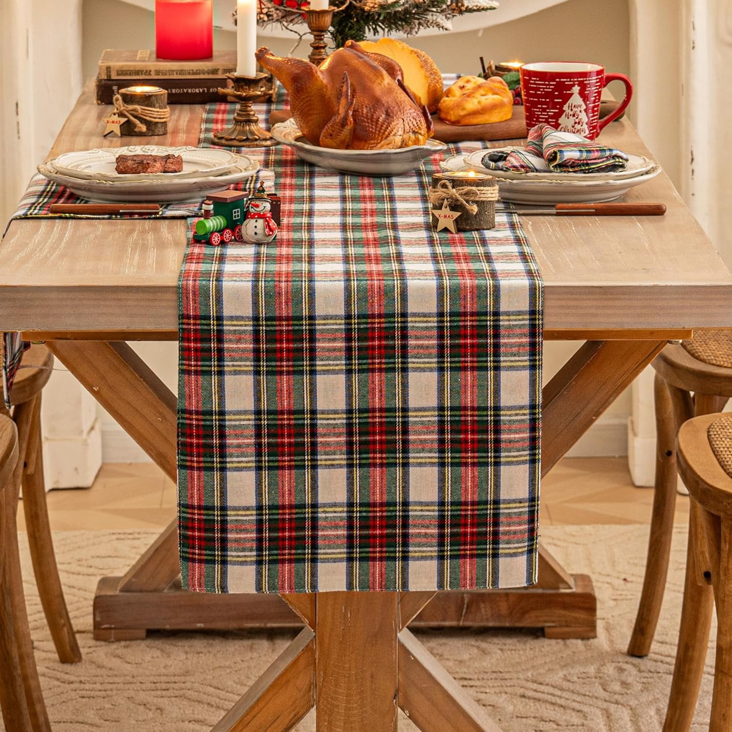 Red White Plaid Christmas Table Runner, Winter Holiday Table Runners 72 ...