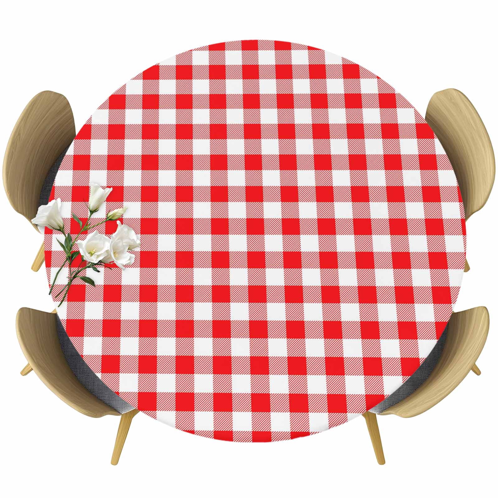 Red White Plaid Round Tablecloth, Fitted Table Cover with Elastic for ...