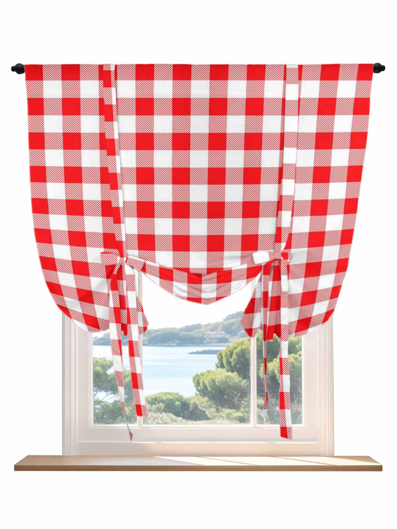 Red White Plaid Tie Up Curtains for Windows 45 Inch Length Balloon ...