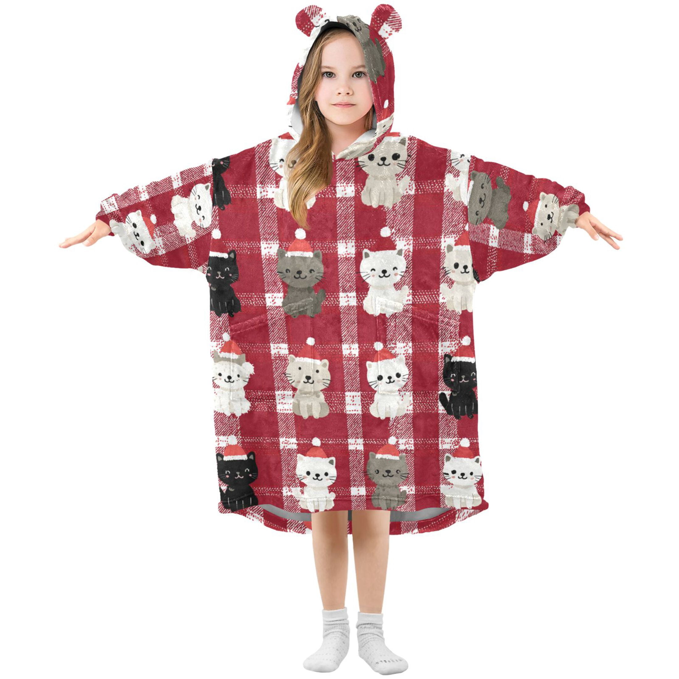 Red White Plaids Cartoon Cat Christmas Hats Flannel Wearable Blankets ...