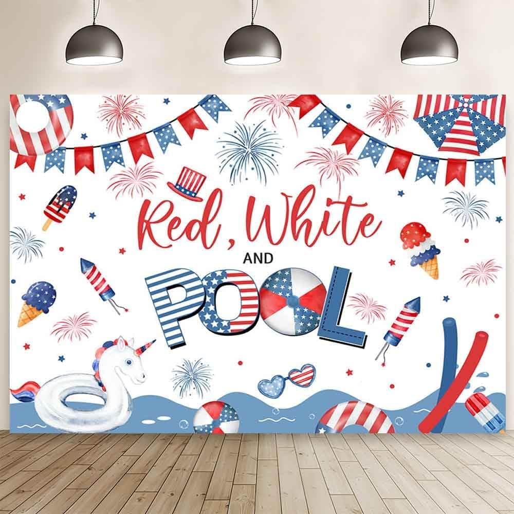 Red White and Pool Party Backdrop 4th of July Pool Party Photography ...