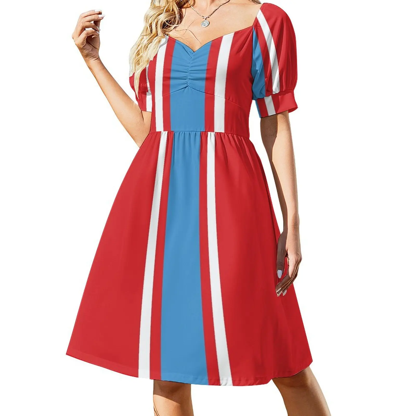 Red White & Powder Blue Vertical Power Stripe Sleeveless Dress women ...