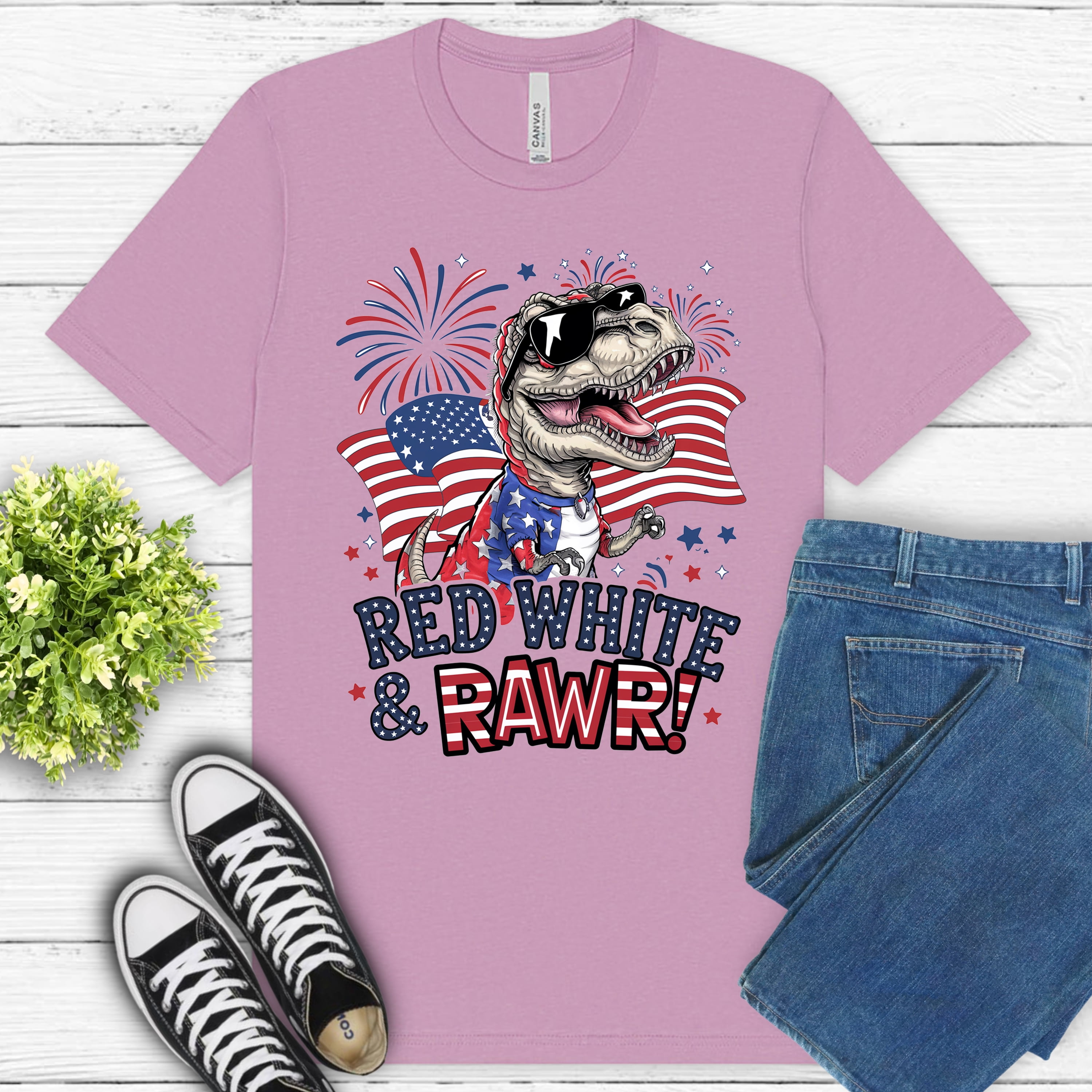 Red White & Rawr Dinosaur T-Shirt, Patriotic T-Rex Graphic Tee for Kids ...
