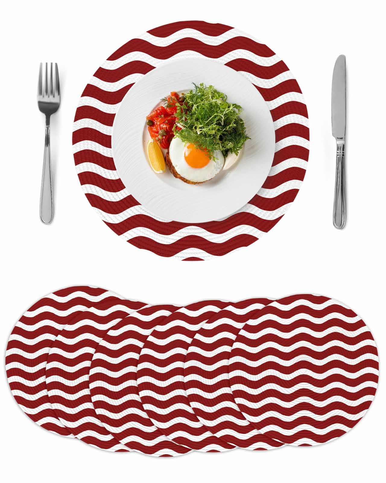 Red White Round 13 Inch Placemats Set of 6, Modern Abstract Waves Water ...