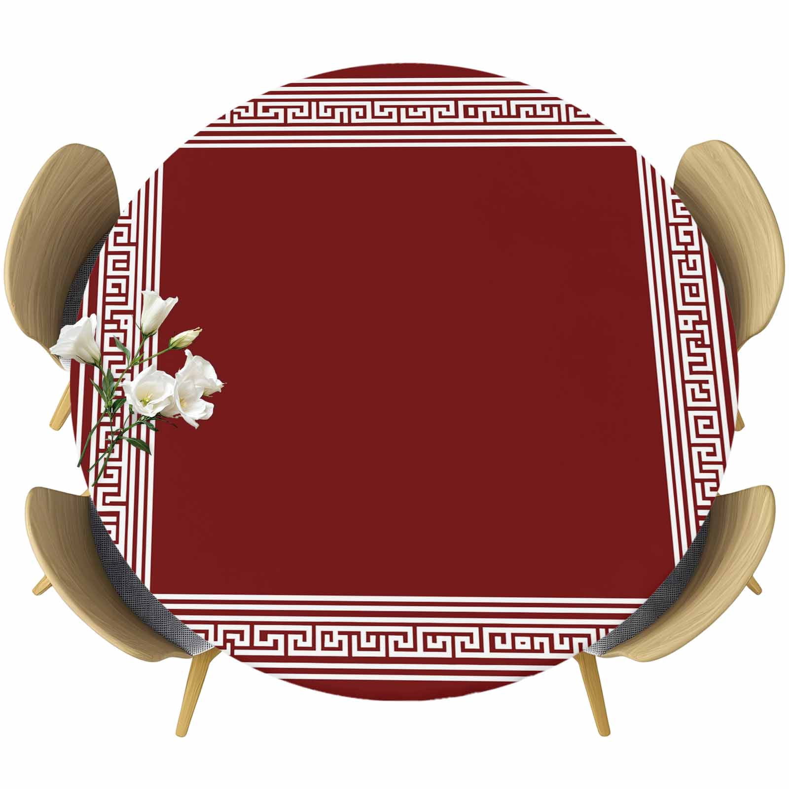 Red White Round Fitted Table Cover Geometric Greek Key Bordered ...