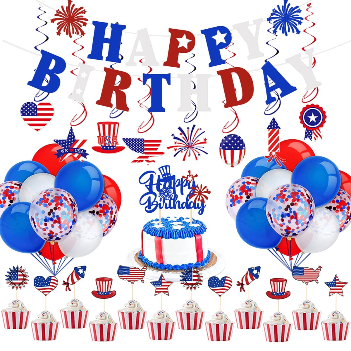 Red White and SCH4 Blue Birthday Decorations 4th of July Happy Birthday ...