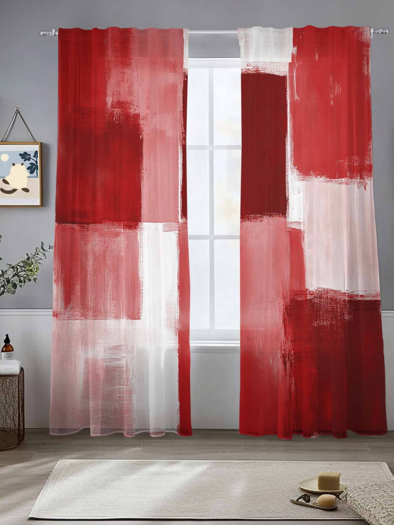 Red White Sheer Curtains 108 Inches Long 2 Panels Graffiti Art Mottled ...