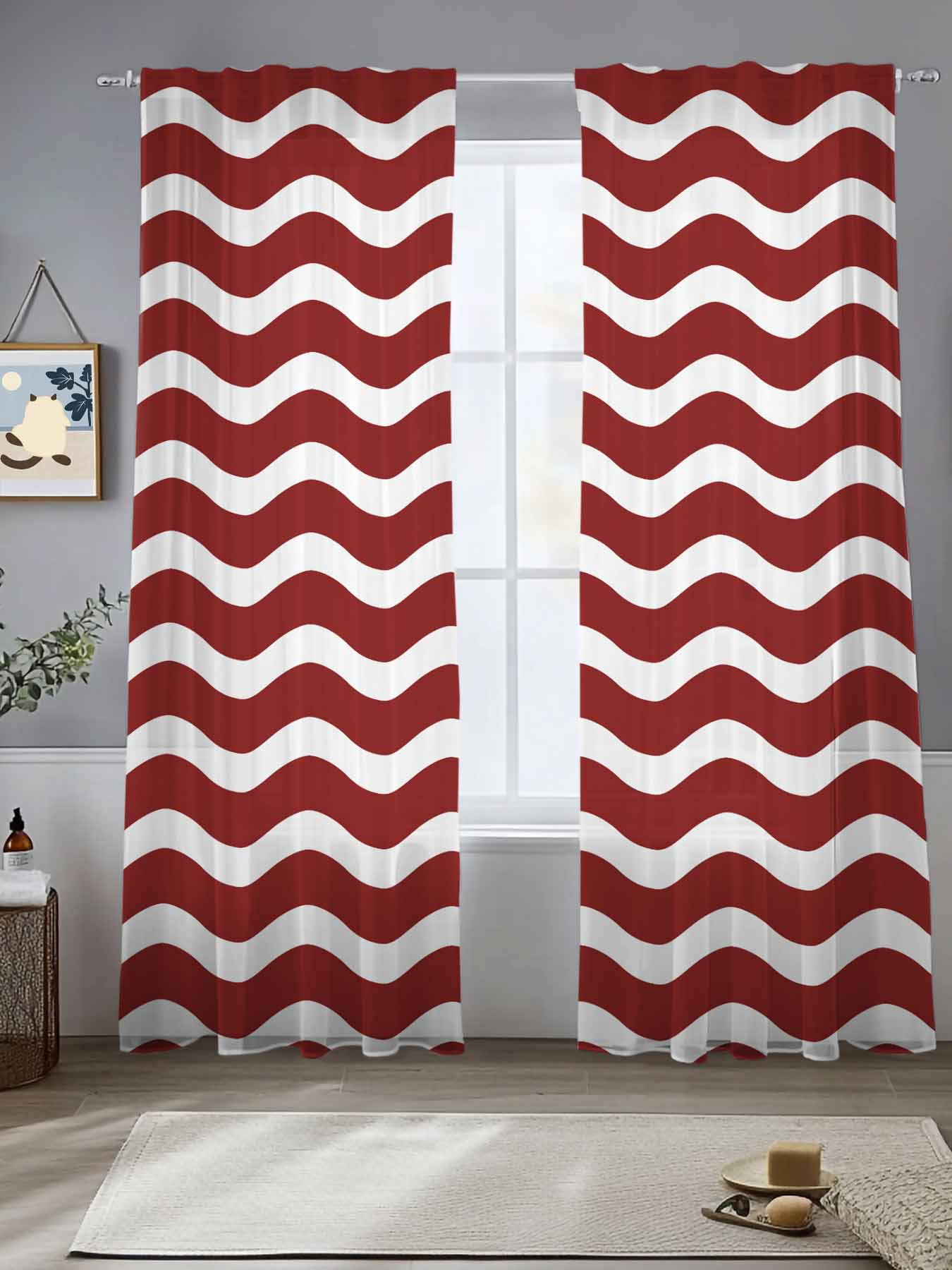 Red White Sheer Curtains for Living Room Bedroom Modern Abstract Waves ...