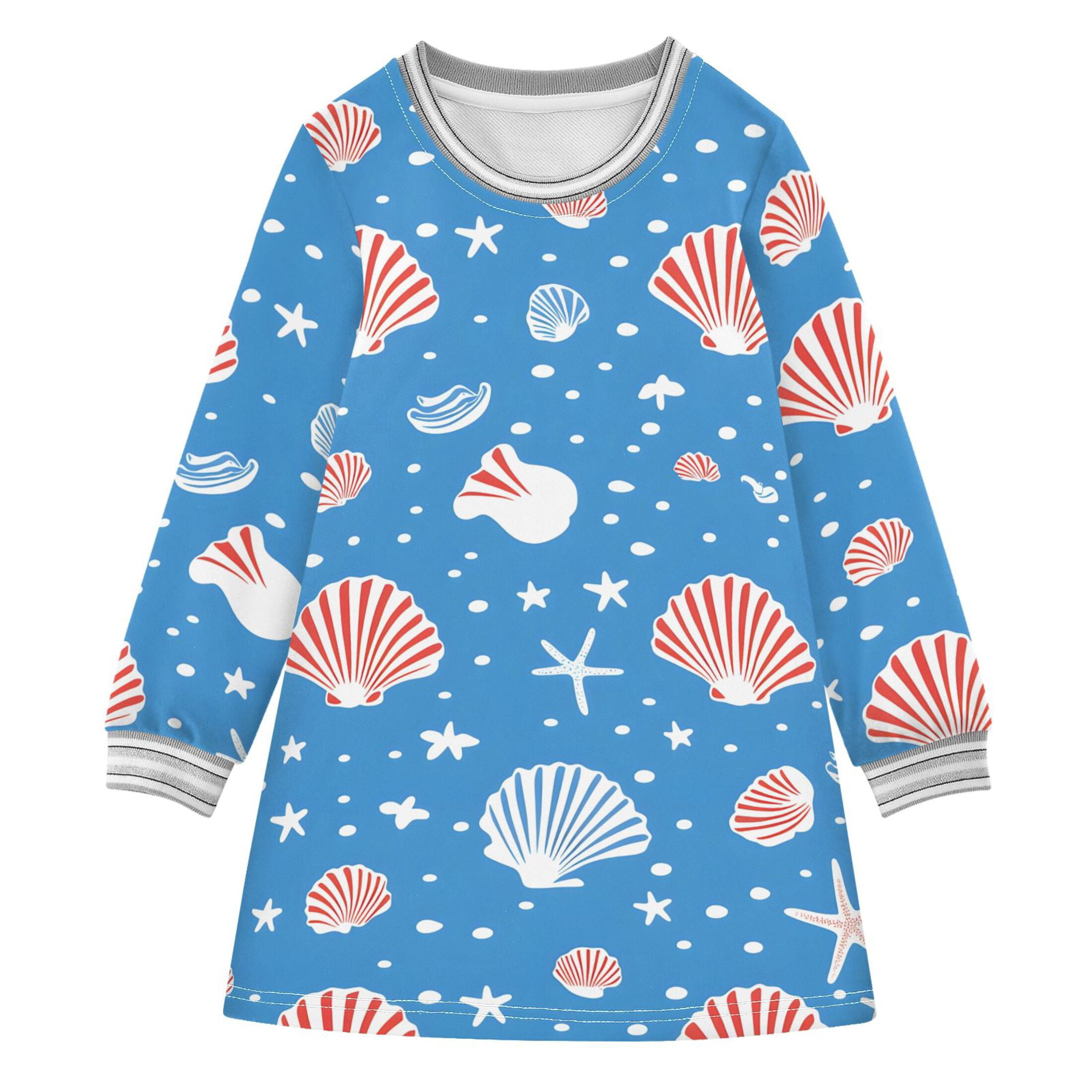 Red White Shell Star Pattern Girls'long-sleeved dress Thickened A-dress ...